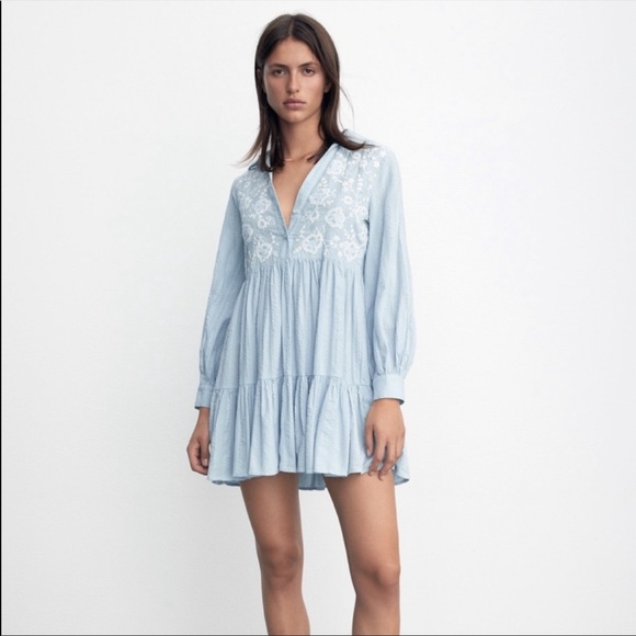 Zara | Dresses | Zara Baby Blue Embroidered Dress | Poshmark